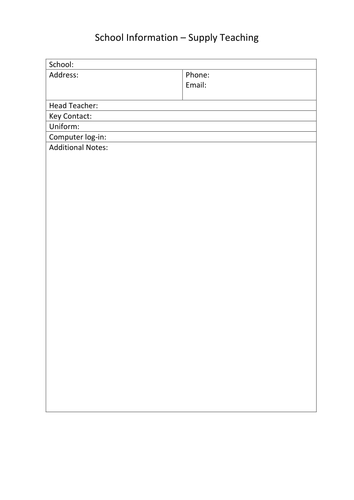 Supply Teacher / Teaching: School Information Sheet | Teaching Resources