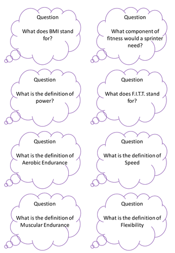 Level 2 BTEC Sport Unit 1: Fitness Testing Question and Answer cards ...