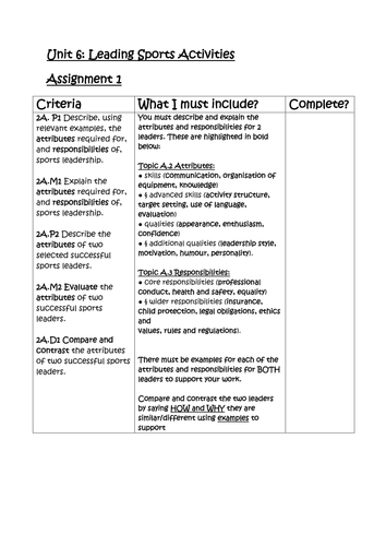 Level 2 BTEC Sport Unit 6: Leading Sports Activity Assignment Templates ...