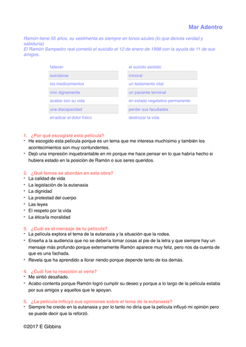 Mar Adentro Oral questions and answer ideas | Teaching Resources
