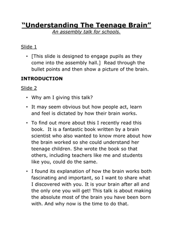 Assembly on Understanding the Teenage Brain | Teaching Resources