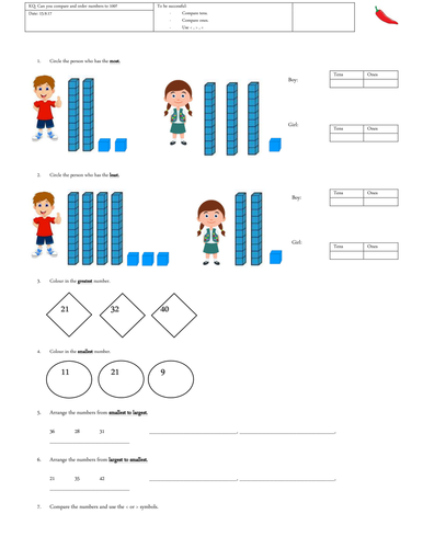 Yr2 Compare and order numbers to 100 | Teaching Resources