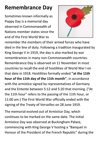 Remembrance Day Handout | Teaching Resources