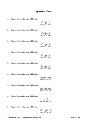 Partial Fraction Questions | Teaching Resources