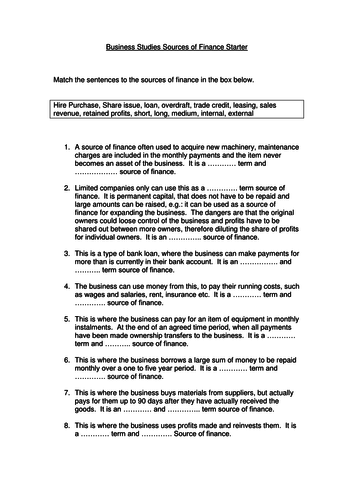 Business Studies – GCSE – Finance & Financial Decisions – Source of ...