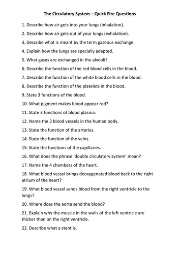 NEW AQA GCSE - 35 Quick Fire Questions (Respiratory & Circulatory ...