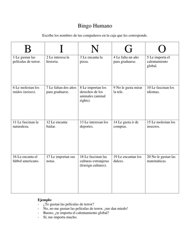 B.I.N.G.O. Humano - Verbos Como Gustar (Human BINGO - Verbs Like Gustar ...