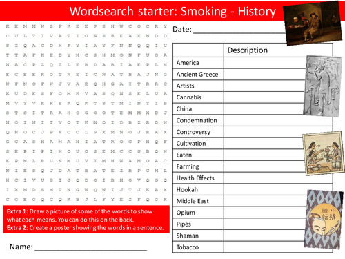 Smoking History PHSE Keyword Starters Wordsearch Crossword Homework ...