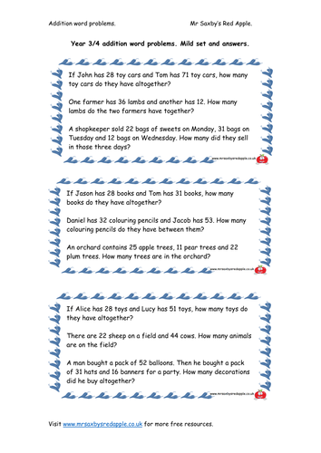 Addition Word Problems year 3 4 3 levels of differentiation with ...