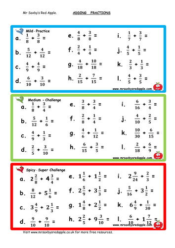Adding Fractions with answers 3 levels of differentiation using spicy ...