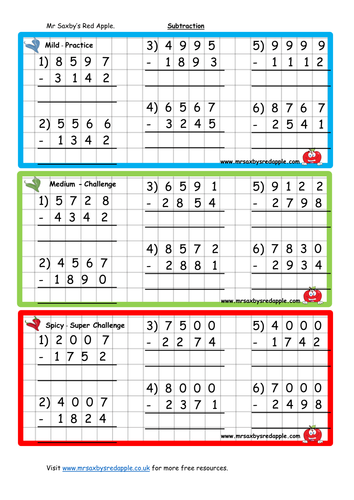 Subtraction 3 levels of differentiation with answers Key stage 2 year 4 ...