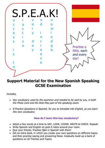 New GCSE Spanish Speaking Exam - 3 Page Document with Key Vocab and ...