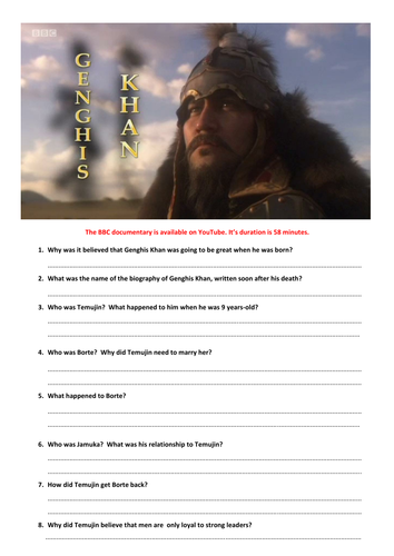 Genghis Khan video worksheet | Teaching Resources Genghis Khan video worksheet | Teaching Resources