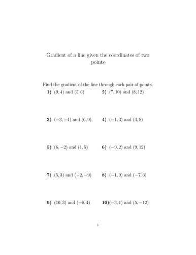Gradient of a line given the coordinates of two points worksheet (with ...