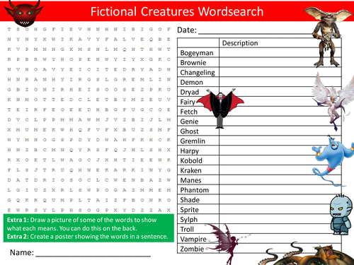 Fictional Creatures Wordsearch Myths & Legends Starter Settler Activity ...