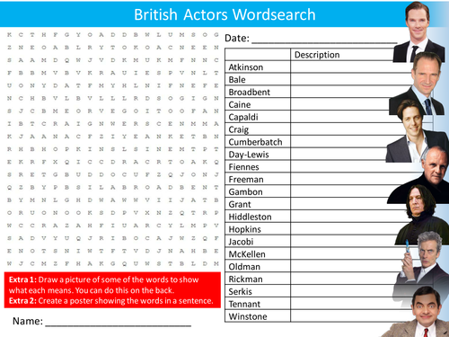 Famous British Actors Wordsearch Drama Starter Settler Activity ...
