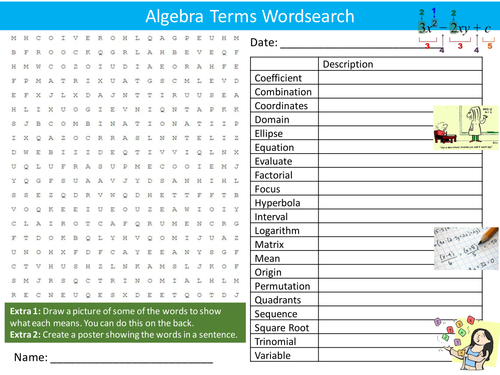 Algebra Terms Wordsearch Maths Starter Settler Activity Homework Cover ...