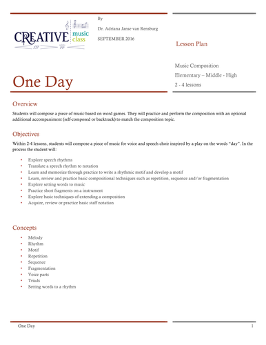 One-Day Music Composition Lesson Plan | Teaching Resources