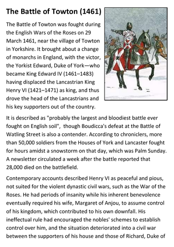The Battle of Towton Handout | Teaching Resources