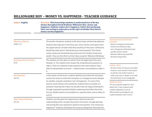 Billionaire Boy - Money vs. Happiness! | Teaching Resources