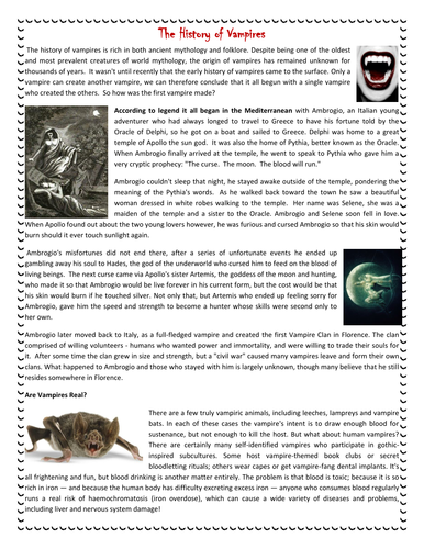 The History of Vampires - Halloween Reading Comprehension Worksheet ...