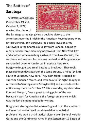 The Battles of Saratoga Handout | Teaching Resources