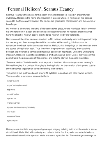 CCEA AS1 Poetry 1900-present Seamus Heaney, 'Personal Helicon ...