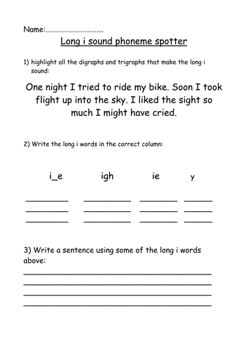 Phoneme Spotter worksheet long i sound (igh, i_e, ie and y) | Teaching ...