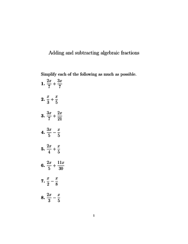 Adding and subtracting algebraic fractions worksheet (with detailed ...