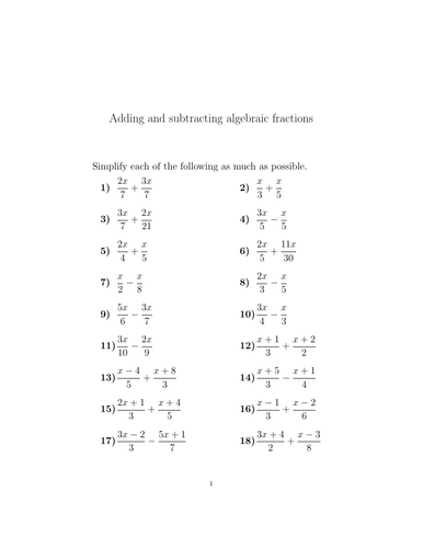 Adding and subtracting algebraic fractions worksheet (with detailed ...