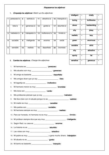 Spanish KS3 GCSE Adjectives: Agreement Revision & Practice Worksheet ...