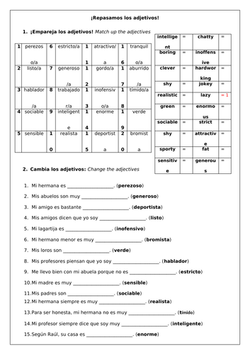 Spanish KS3 GCSE Adjectives: Agreement Revision & Practice Worksheet ...