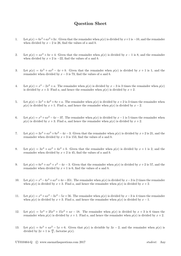 Remainder Theorem and Factor Theorem Worksheets | Teaching Resources