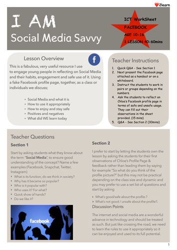 ICT Lesson Plan Activity / Worksheet : Social Media Safe FACEBOOK ...