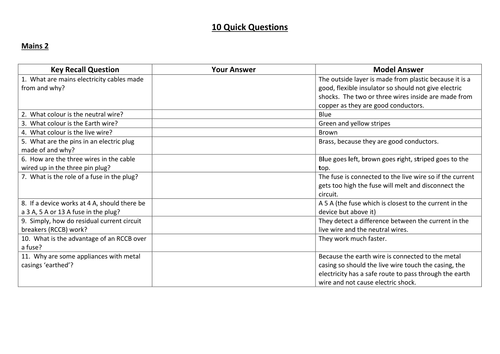 AQA GCSE Science - 10 Quick Factual Recall Questions - Mains ...