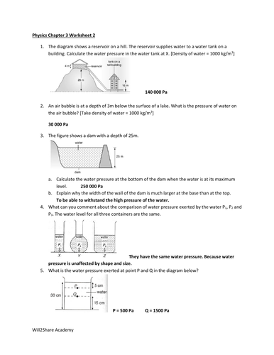 Density, Solid and Liquid Pressure Worksheets and Answers | Teaching ...