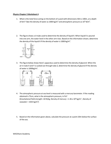 Barometer, Manometer, Atmospheric, Gas and Liquid Pressure Worksheets ...