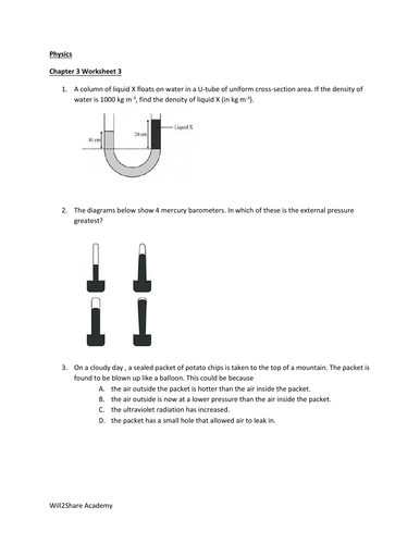 Barometer, Manometer, Atmospheric, Gas and Liquid Pressure Worksheets ...