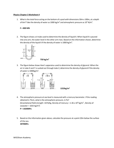 Barometer, Manometer, Atmospheric, Gas and Liquid Pressure Worksheets ...