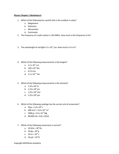 Unit Conversion Between Prefixes Worksheets and Answers | Teaching ...