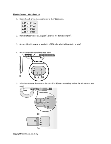 Unit Conversion, Prefixes, Density, Micrometer Screw Gauge, Vernier ...