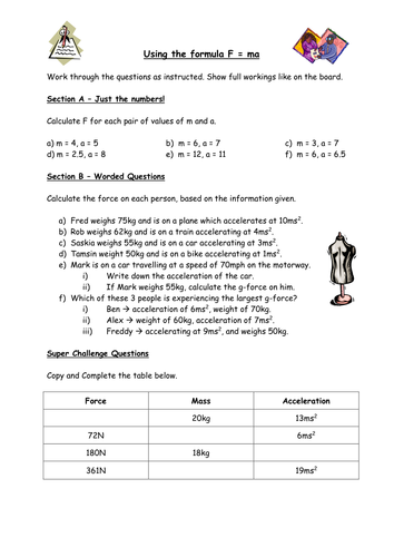 Using the formula FMA Force Mass Acceleration 2nd Law | Teaching Resources