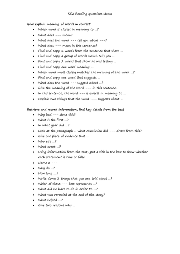 KS2 Reading Question Stems | Teaching Resources