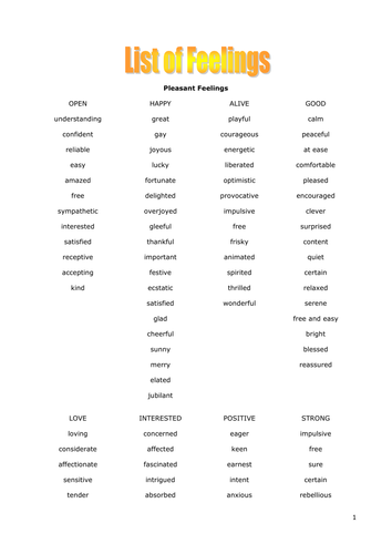 List of Feelings/ Emotions | Teaching Resources