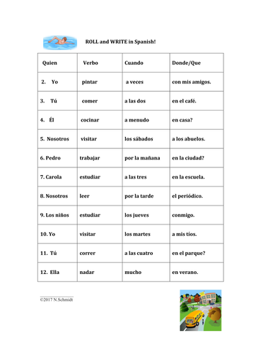 Spanish Verbs Games - Juego con los Verbos Regulares "Roll and Write ...