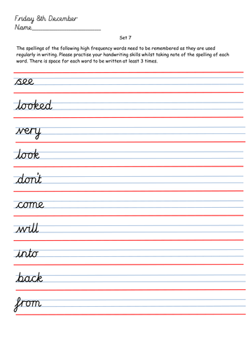 Year 1 100 High Frequency Words - to practise spelling and handwriting ...