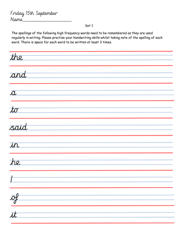 Year 1 100 High Frequency Words - to practise spelling and handwriting ...