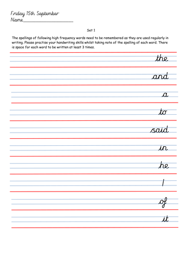 Year 1 100 High Frequency Words - to practise spelling and handwriting ...