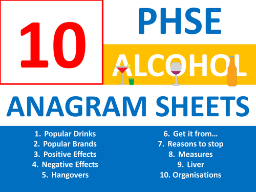 10 x Alcohol Awareness PSHE PHSE Anagram Sheets Keyword Starters ...