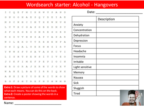 Alcohol PSHE Hangovers Keyword Starters Wordsearch Crossword Settlers ...